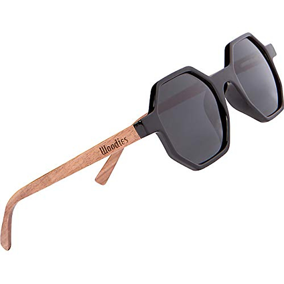 Woodies Polarized Walnut Wood Black Hexagon Sunglasses for Men and Women | Real Wooden Frame | 100% UVA/UVB Ray Protection