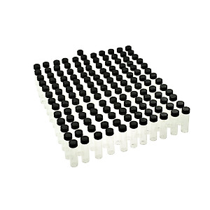 SE Glass Vials, Pack of 144 Leak-Resistant Vials, 2-3/8" x 5/8" Diameter, Clear Transparent glass, Black Plastic Screw Caps, Capacity 7 mL