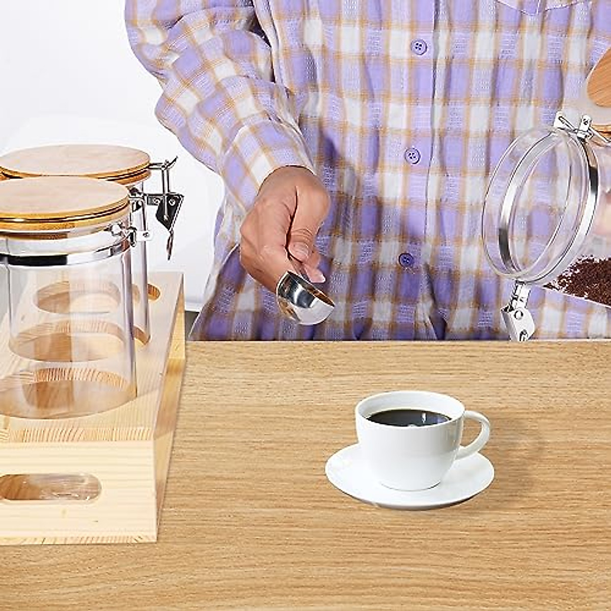 3 PCS Coffee Container for Ground Coffee with Scoop Wood Station, Glass Coffee Bean Canister Organizer with Airtight Lids, Coffee Storage Canister Jar for Sugar Tea