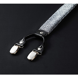 TIE G Men's Glitter Velvet Suspender + Bow Tie Set for Wedding, Party : Glittering Effects, Adjustable Braces, Strong 6 Clips (Twinkle Silver)