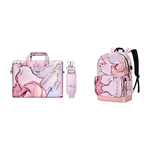 MOSISO Laptop Shoulder Bag Compatible with MacBook Air 13 inch A2337 A2179 A1932/Pro A2338 A2251 A2289 A2159 A1989 A1706 A1708, Polyester Sleeve with Trolley Belt Marble MO-MBH216 & Laptop Backpack