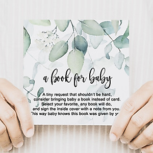Paper Clever Party Greenery Books for Baby Shower Request Cards - 25 Pack - Rustic Eucalyptus Invitation Inserts - 4x4 Size