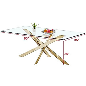 Glass Dining Table for 6 - Dining Room Table with Gold Stainless Steel Legs, 63 inch Rectangular Dining Table Kitchen Table, Modern Dining Table for Kitchen Dining Room, Home Office Furniture