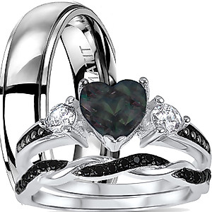 His Hers Wedding Ring Set TRIO 3 PCS Simulated Black Topaz Bridal Set Silver Black Titanium Him Her 10/11