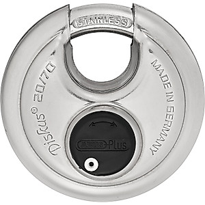 ABUS Diskus 20/70 Heavy Duty Stainless Steel Disk Padlock - Rustproof Circle Storage Lock with 3/8" Shackle - Made in Germany - Keyed Different
