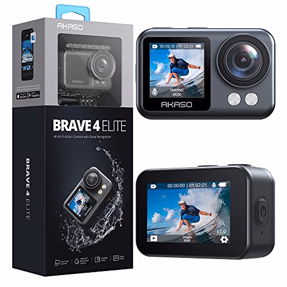 AKASO Brave 4 Elite 4K60fps 20MP Ultra HD Action Camera IPX8 33FT Underwater Camcorder Waterproof Camera with 64GB Storage, Touch Screen, Stabilization 2.0, Built-in 1650mAh Battery and Accessory Kit