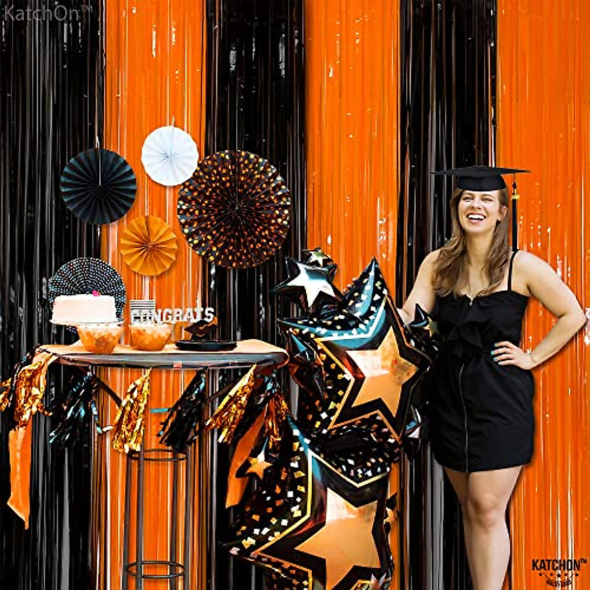 KatchOn, XtraLarge, Black and Orange Foil Fringe - 8x6.4 Feet, Pack of 2 | Graduation Decorations Class of 2023 Orange and Black | Orange and Black Graduation Decorations | March Madness Decorations