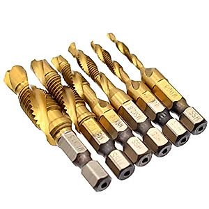Riyiter 7 Pcs 1/4 Inch Metric Thread Tap M3-M10 HSS Spiral Hex Shank Combination Drill Screw Tap Bit Set with Automatic Spring Loaded Center Punch Tool
