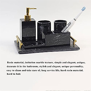 Liquid Hand Soap Dispenser for Bathroom Bathroom Accessories Set - 6Pcs Countertop Bath Set for Hotel Restroom Soap Dispense Toothbrush Holder Tumbler Soap Dish and Tray Resin Marble Black Premium Kit