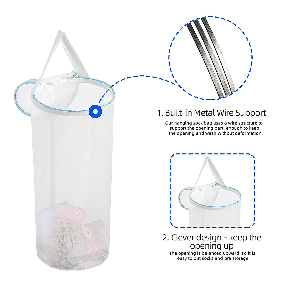 MIFNRO Large Capacity Sock Laundry Bag With Wire Construction Opening Use YKK Zipper Tote Bag Bathroom Hanging Suitable For Underwear, Socks Fine Mesh Laundry Bag 1 Blue