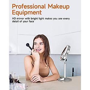 Lighted Makeup Mirror with Magnification, 1X 10X Magnifying Mirror with Light, 8'' HD Double Sided Tabletop Vanity Mirror, Rechargeable 3 Color LED Dimmable Desk Lit Cosmetic Mirror, Girl Women Gifts