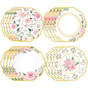 48 Pcs Floral Paper Plates 9 Inch Flower Disposable Party Plates Pink Floral Dinner Plates Wedding Gold Foil Edge Plate Tea Party Decoration for Bridal Shower Baby Shower Birthday