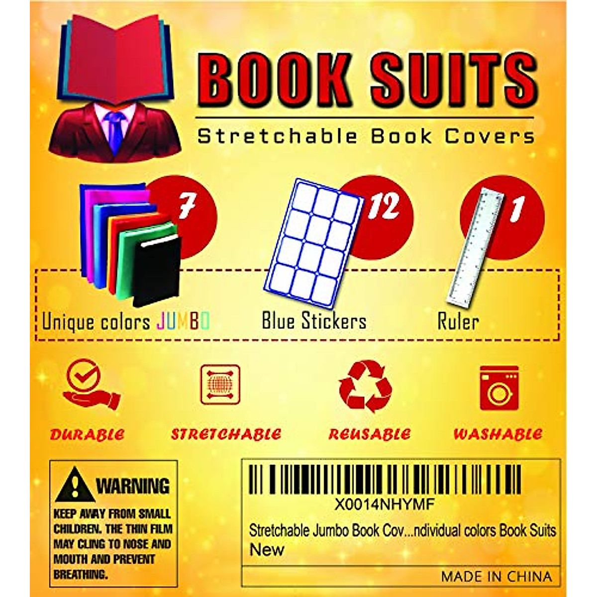 Stretchable Jumbo Book Covers 7 Pack Individual Colors Book Suits® fits Hardcover Textbooks up to 9.5" X 14" Durable Washable Reusable Extras Labels and Ruler