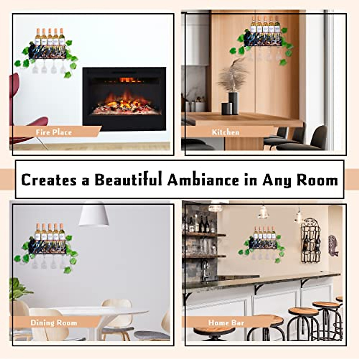 FLOMAC FINEST Wine Holder Wall Mounted - Stores 4 Glasses 5 Wine Bottles - with Cork Holder Storage - Home and Kitchen Wall Decor Storage- Bonus E-Book and Grapes