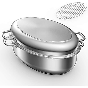 Roasting Pan with Rack and Lid 12 Quart 18/10 Stainless Steel 17 Inch Roaster