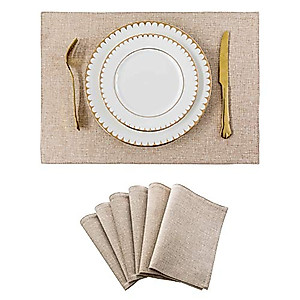 Home Brilliant Burlap Linen Placemats Set of 6 Heat Resistant Dining Table Place Mats Washable Kitchen Table Mats, 13x19 inch, Light Linen