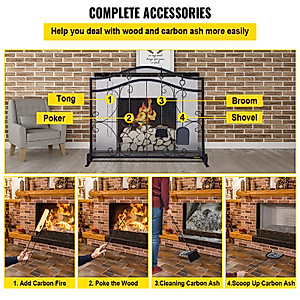 VEVOR Fireplace Screen, 39 x 31 Inch, Double Door Iron Freestanding Spark Guard with Support, Metal Mesh Craft, Broom Tong Shovel Poker Included for Fireplace Decoration & Protection, Black