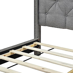 OMMGG Queen Size Upholstered Platform Bed with Two Drawers and Button Tufted Headboard, Linen Fabric Storage Bedframe w/Reinforced Wooden Slats & 4 Supporting Legs, No Box Spring Needed