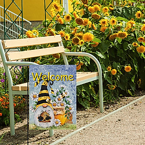 Furiaz Welcome Spring Honey Bee Gnome Garden Flag, Summer Yard Outdoor Home Decorative Burlap Lawn Outside Decoration, Daisy Flowers Small Decor Double Sided 12x18