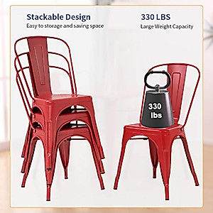 Metal Dining Chairs Set of 4 Stackable Metal Chairs Room Chair Vintage Patio Chair with Back 18 Inches Seat Height Kitchen Chair Tolix Restaurant Chairs (Red)