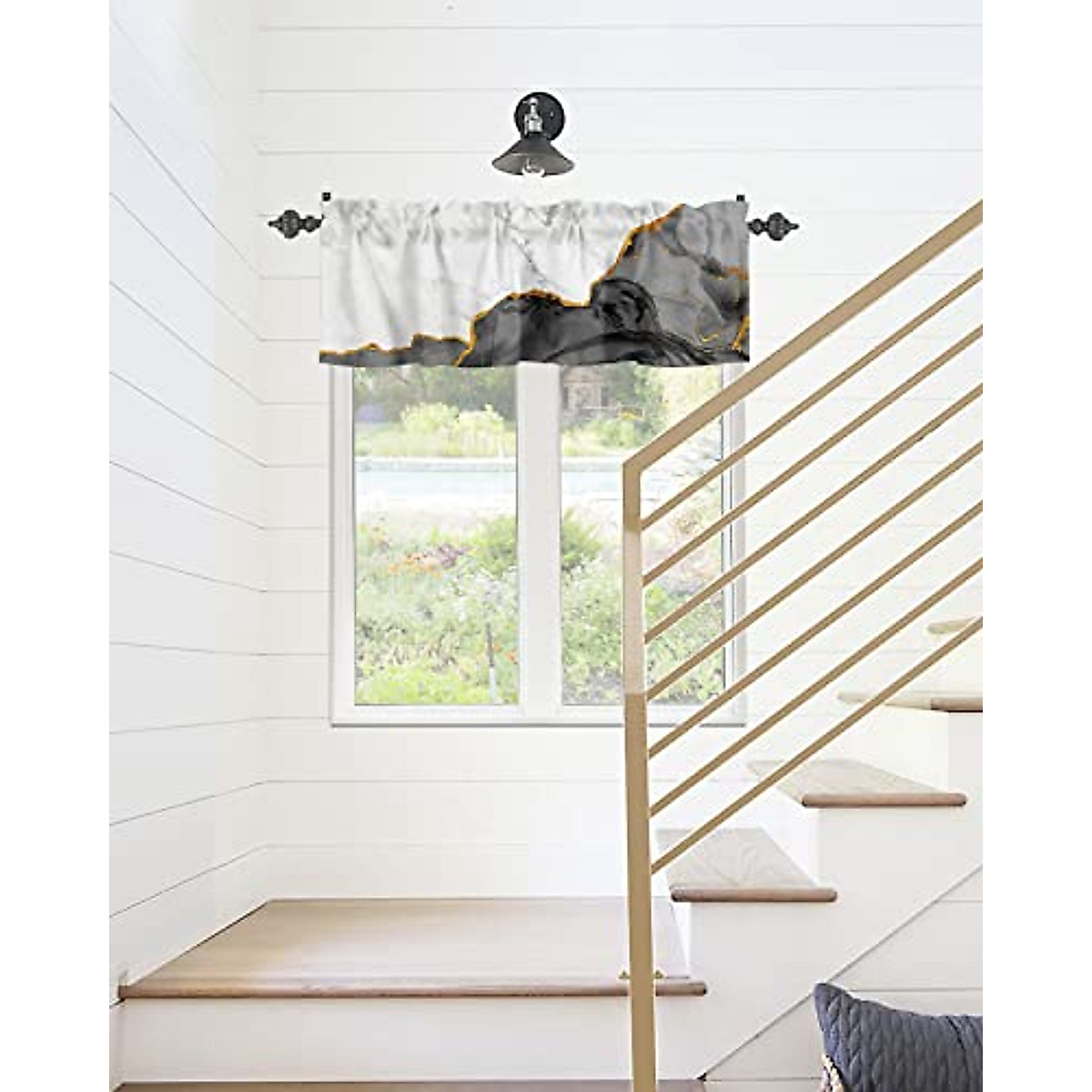 Yun Nist Window Valance Curtain Marble Black Gray White Color Contrast Gold Edge Valances for Kitchen Windows,Modern Abstract Rod Pocket Short Curtains for Bedroom,Bathroom,Living Room 42x12in