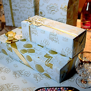 LeZakaa Birthday Wrapping Paper Sheet - Blue Color with Gold Foil - Birthday Party/Cake/Banner/Gift Box for Gift Wrap - 27.5" x 19.6" x 8 Sheets