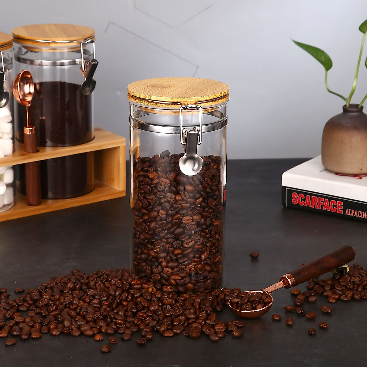 GURUDAR Glass Coffee Storage Container with Bamboo Shelf, 3PCS 49oz Airtight Sealed Coffee Bean Jar with Clamp Lid & Measuring Spoon, Kitchen Pantry Canister Set for Ground Coffee Sugar Tea Flour