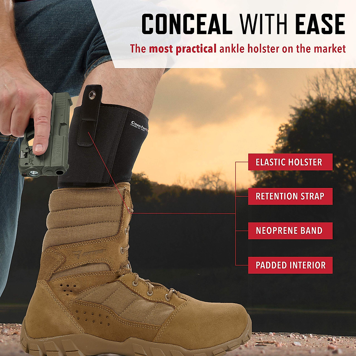 Ultimate Ankle Holster for Concealed Carry by ComfortTac | Fits Glock 42, 43, 36, 26, Smith and Wesson Bodyguard .380, 38, Ruger LCP, LC9, Sig Sauer, and Similar Guns (17" Band Fits Up to 15" Leg)