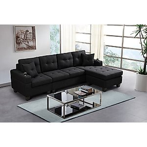 GINGVAT Modern Sectional Sofa for Living Room with Reversible Chaise Lounge Cupholders, L-Shaped Couch with Two Pillows, Black