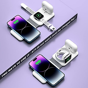 3 in 1 Wireless Charger, Foldable Magnetic Charging Station, Fast Travel Wireless Charging Pad for Multiple Apple Devices, Compatible with iPhone 15/14/13/12/Pro/Max/Plus/Mini, iWatch, Airpods (White)