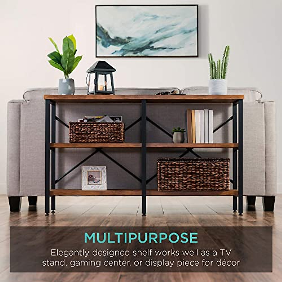 Best Choice Products Large Console Table, 3-Tier 55in Rustic, Industrial Sofa Table Storage for Living Room, Entryway, Foyer, Hallway w/EVA Non-Scratch Feet, Steel Frame - Brown