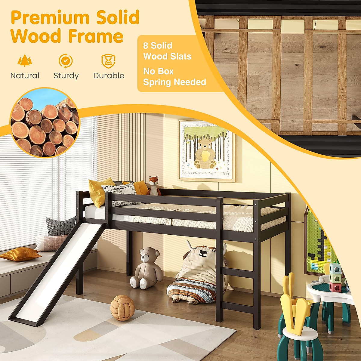 IFANNY Loft Bed with Slide, Solid Wood Low Loft Bed Twin Size with Storage and Ladder, Wooden Bedframe with Safety Guardrails, Twin Loft Bed for Kids Boys Girls Teens, No Box Spring Needed (Espresso)