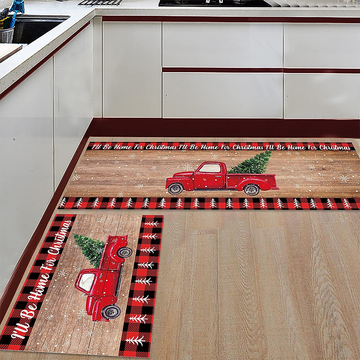Arts Print Buffalo Plaid Kitchen Rug Mat Set of 2,Christmas Red Truck with Christmas Tree Retro Wood Grain Runner Rug,Non-Slip Durable Kitchen Floor Mat for Sink,Bathroom,15.7x23.6Inch+15.7x47.2Inch