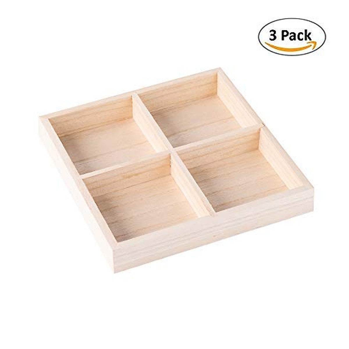 Hammont Four Sections Wooden Tray - 3 Pack - 7’’x7’’x1.22’’ - Square Wood Serving Tray with Four Simple Designed Compartments