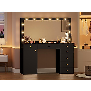 YITAHOME Makeup Vanity Desk Set with Mirror and Lights, 56'' Dressing Table with Large Tabletop, 3 Color Modes Adjustment, Power Outlet, 7 Drawers, Cabinet, Bedroom (Black)
