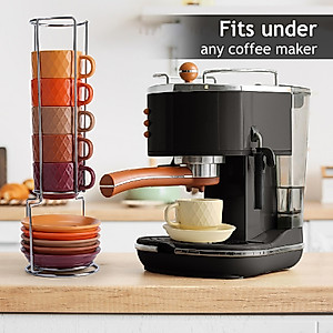 MIAMIO - 6 x 2.5 oz Stoneware Espresso Mug, Cup Set Modern with Stand and Saucers - Palmanova Collection (Magma Red)