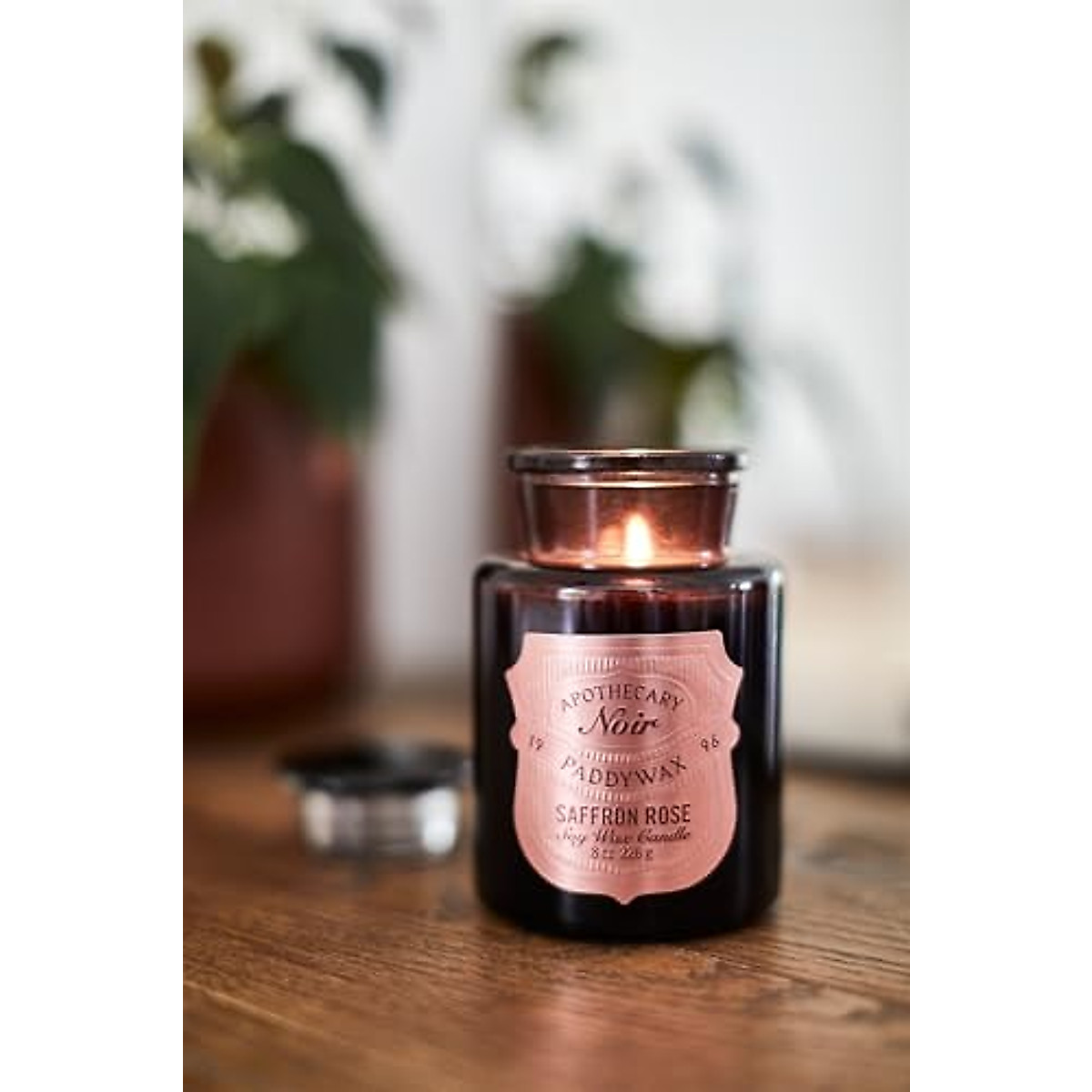 Paddywax Scented Candles Apothecary Noir Glass Jar Luxury Artisan Candle, 8-Ounce, Saffron Rose