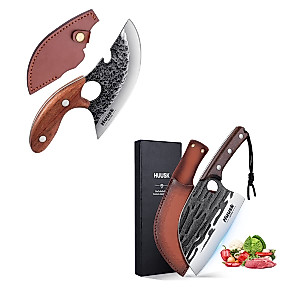 Huusk Upgraded Serbian Chef Knife Bundle Small Meat Cleaver Knife with Leather Sheath and Gift Box