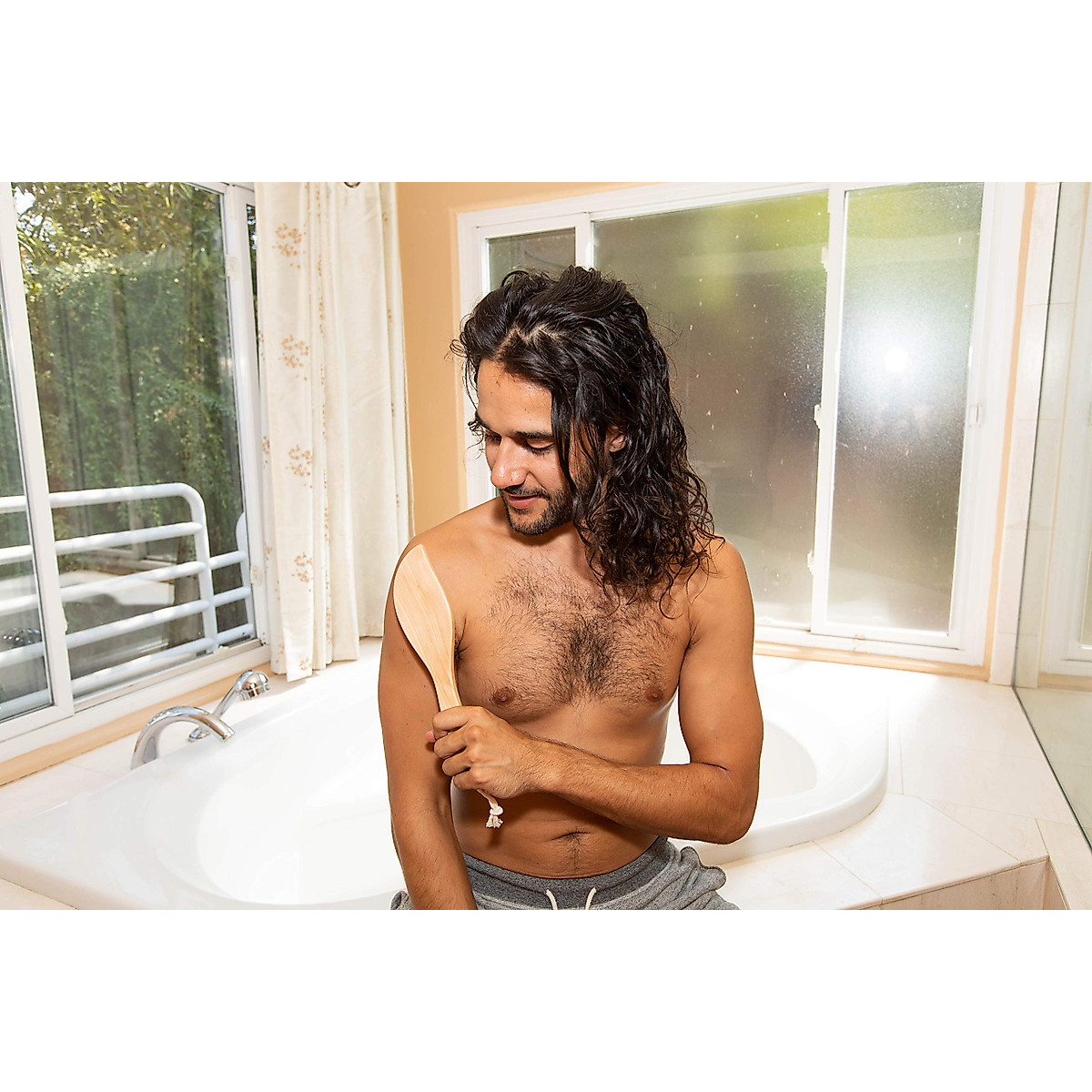 GranNaturals Dry Skin and Body Brush - 11.4 Inches - Improve Blood Circulation, Exfoliate Skin, Reduce Cellulite - Curved Natural Bristle Exfoliating Brush for Back, Legs, Feet