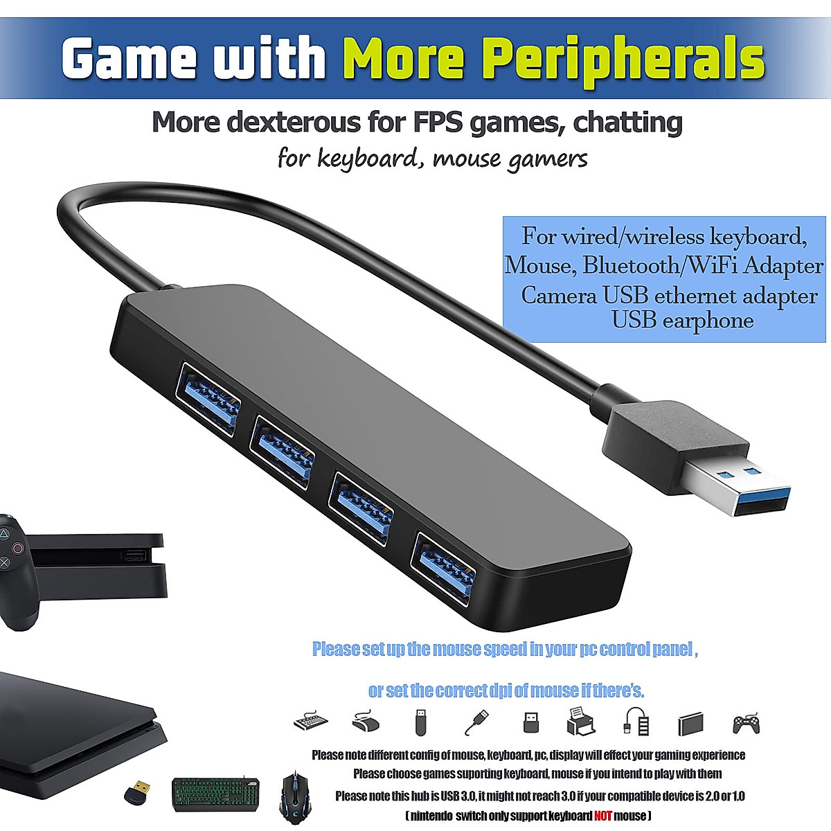 4-Port USB Hub 3.0, YaimhSound USB Splitter for Laptop, Keyboard and Mouse Adapter for Dell, Asus, HP, MacBook Air, Surface Pro, Acer, Xbox, Flash Drive, HDD, Console, Printer, Camera