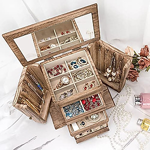 Emfogo Jewelry Box for Women, Rustic Wooden Jewelry Boxes & Organizers with Mirror, 4 Layer Jewelry Organizer Box Display for Rings Earrings Necklaces Bracelets (Rustic Brown)