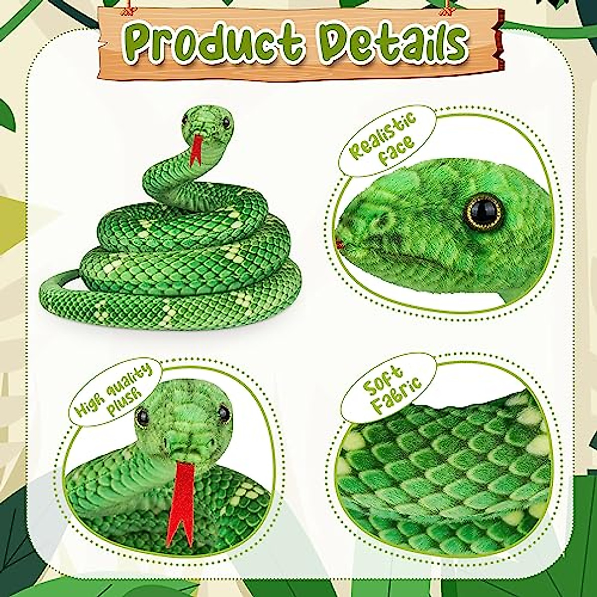 Hozzi Giant Boa Constrictor Large Stuffed Animal Snake Plush Realistic Toy 200cm / 80 Inches Lifelike Gifts for Kids Birthday Party Prank Props (Green)
