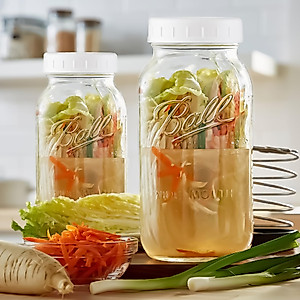 Wide Mouth Mason Jars 64 oz - (2 Pack) - Ball Wide Mouth 64-Ounces Half Gallon Mason Jars with White M.E.M Food Storage Plastic Lid. For Storage, Freezing, Leak Proof, Microwave & Diswasher Safe
