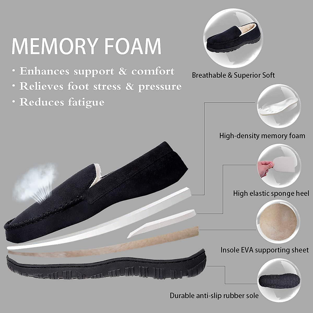 shoeslocker Slippers for Men Moccasin Mens Slippers Warm Indoor Outdoor Black Size 10