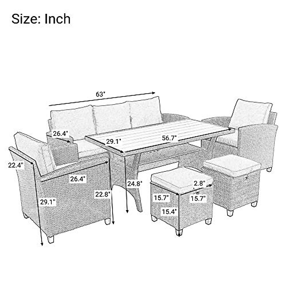 HHOK 6 Pieces Patio Furniture, Outdoor Sectional Sofa PE Rattan Table, Chair and Stools for Porch Lawn Garden Backyard, K-Brown Wicker Conversation Sets