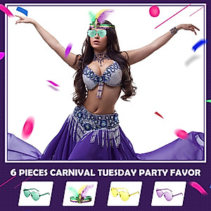 6 Pcs Mardi Gras Feather Headband Heart Shape Sunglasses Set Purple Yellow Green Glitter Feather Sequin Fascinators Rimless Heart Sunglasses Mardi Gras Glasses for Masquerade Party Carnival Cocktail