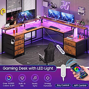 SEDETA L Shaped Desk with 6 Drawer, 108" Home Office Desk with File Drawer & Power Outlet, Corner Computer Desk with Monitor Shelf, Two Person Desk, Gaming Desk with Led Lights, Rustic Brown