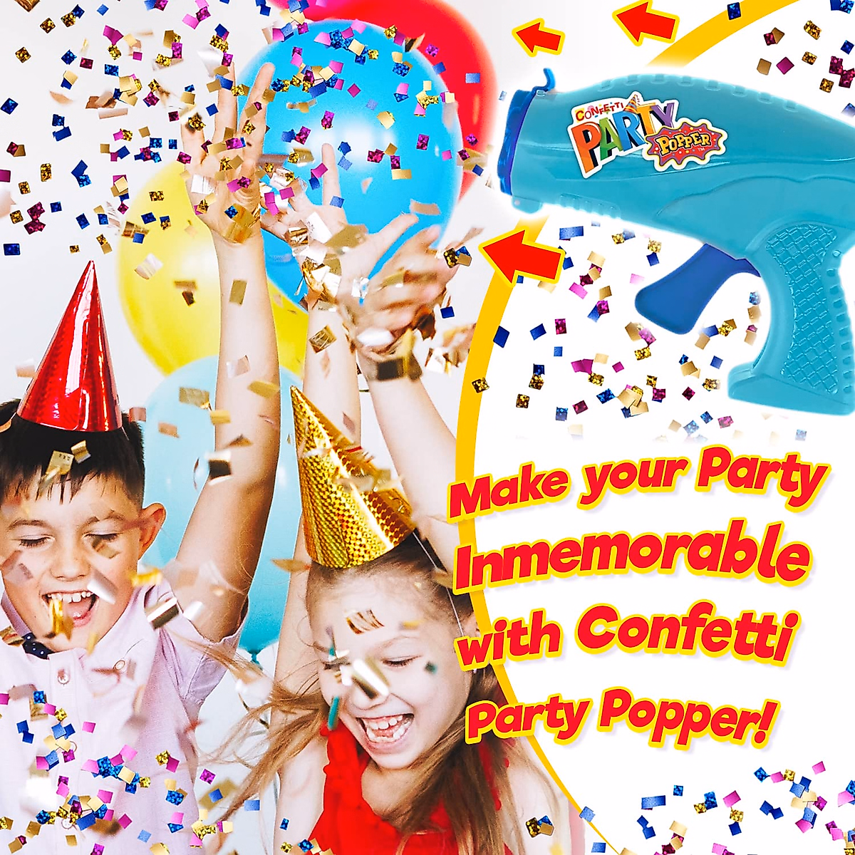 Confetti Party Poppers Gun Party Supplies (1 Gun 4 Shots) Plus Sticker Reusable Multicolor Metallic Confetti Poppers Gun Confetti Gun Party Favors Kids & Adults Birthday Parties Crazy Hour Fun 955-1s