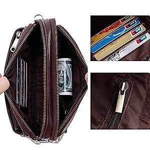 Leather Clutch Bag Wrist Purse for Men Women Business Organizer Wristlet Strap Pouch Coin Money Case Wallet Handbag Cell Phone Holder Daypack