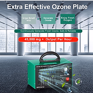 Ozone Generator 45,000mg/h, Industrial/Home O3 Air Purifier Deodorizer for Areas of 2500 Square Feet - High Capacity Ozone Machine Air Ionizer Odor Clean for Rooms, Smoke, Cars, Pets (Green)